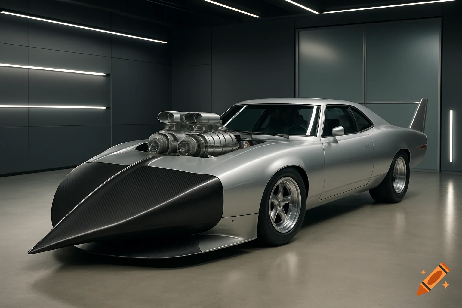 A sleek silver custom car with a pointed carbon fiber nose, massive ...