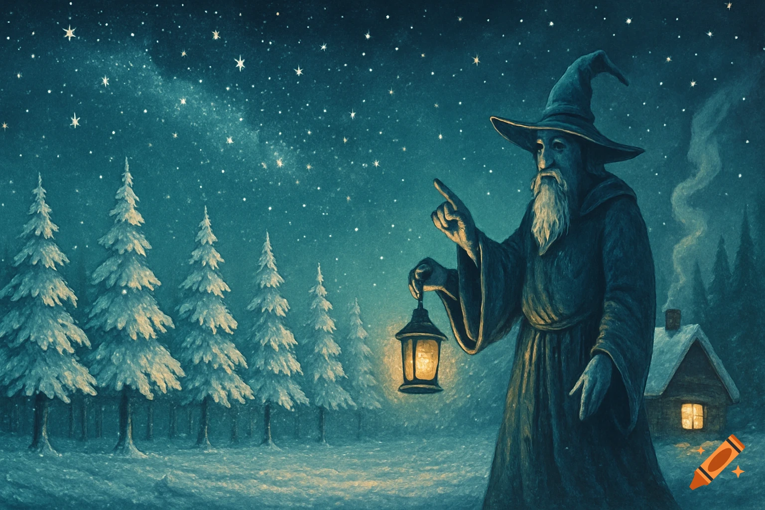 A bearded wizard in a dark robe and hat holds a glowing lantern ...