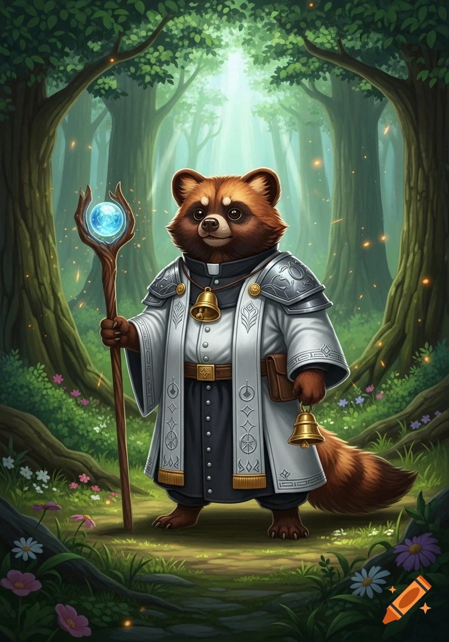 A detailed illustration of an anthropomorphic tanuki cleric holding a ...