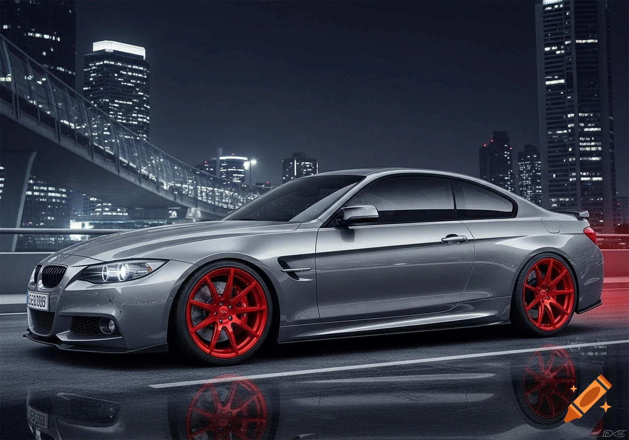 A silver two-door sports car with bright red wheels parked on a wet ...
