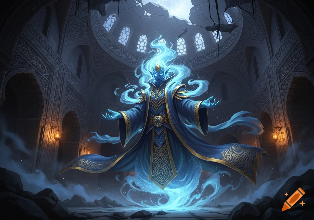 A glowing blue genie-like figure in a ornate blue and gold robe floats ...