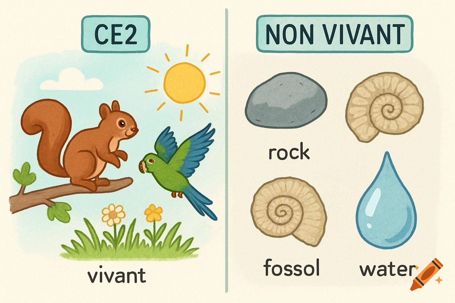 Cartoon educational chart differentiating living organisms like a ...