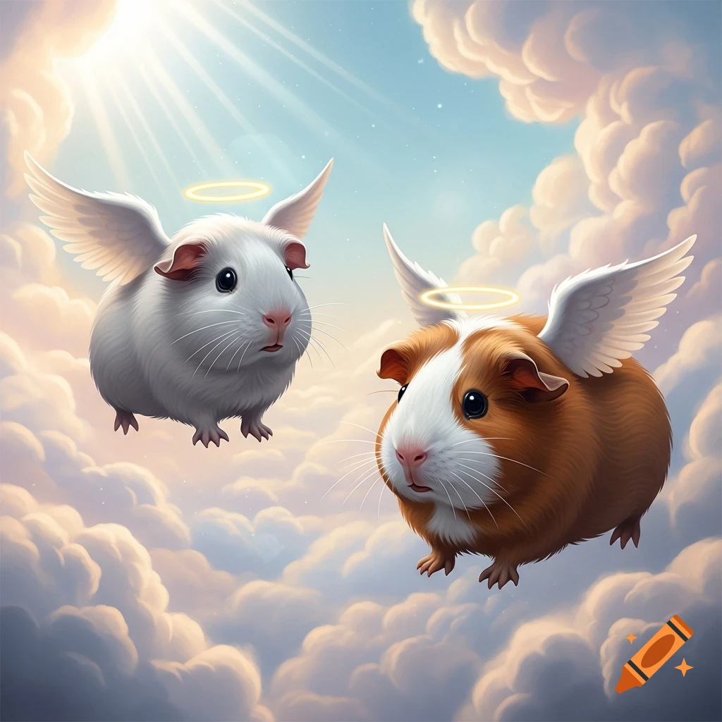 A white and a brown guinea pig with angel wings and halos float among ...