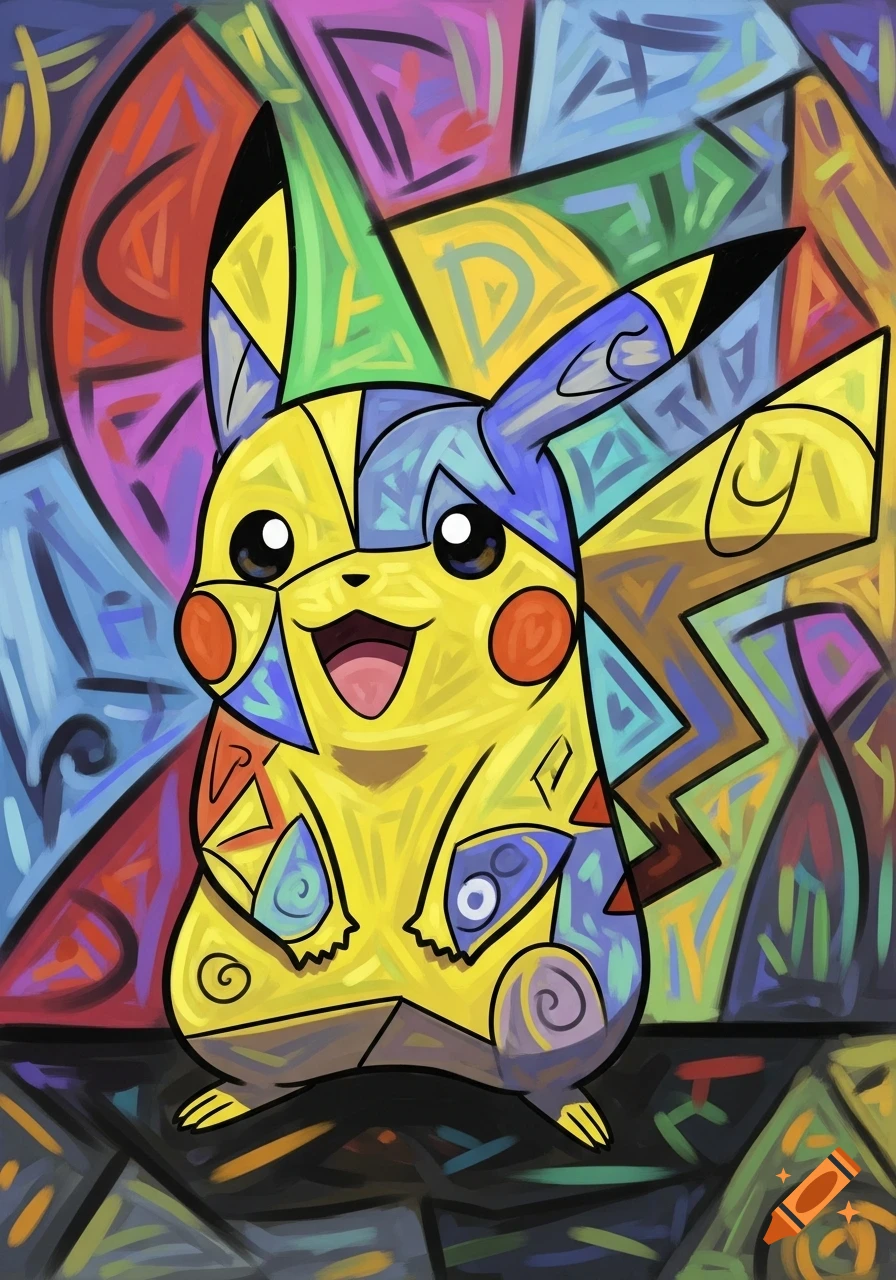 A vibrant, cubist-style painting of Pikachu with geometric shapes and ...