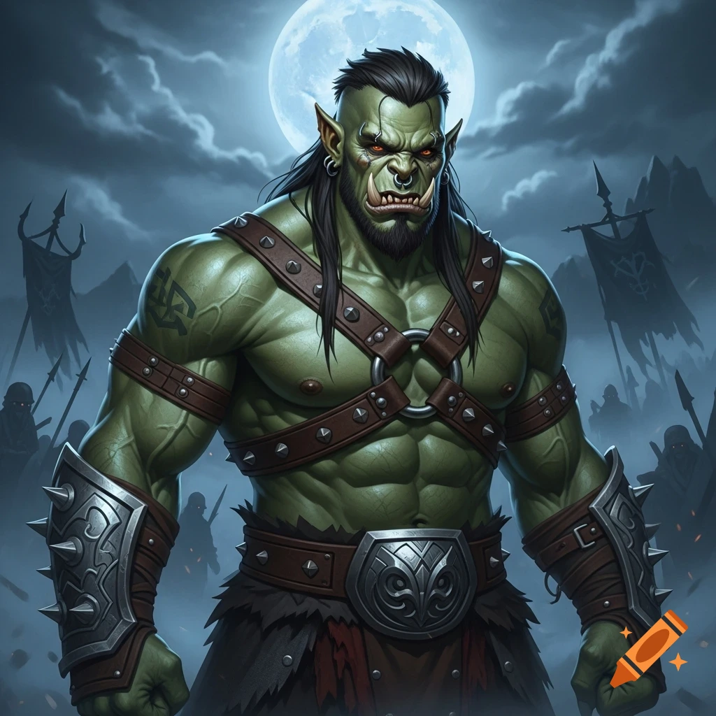 A muscular green orc with fangs, a lip ring, and leather armor stands ...
