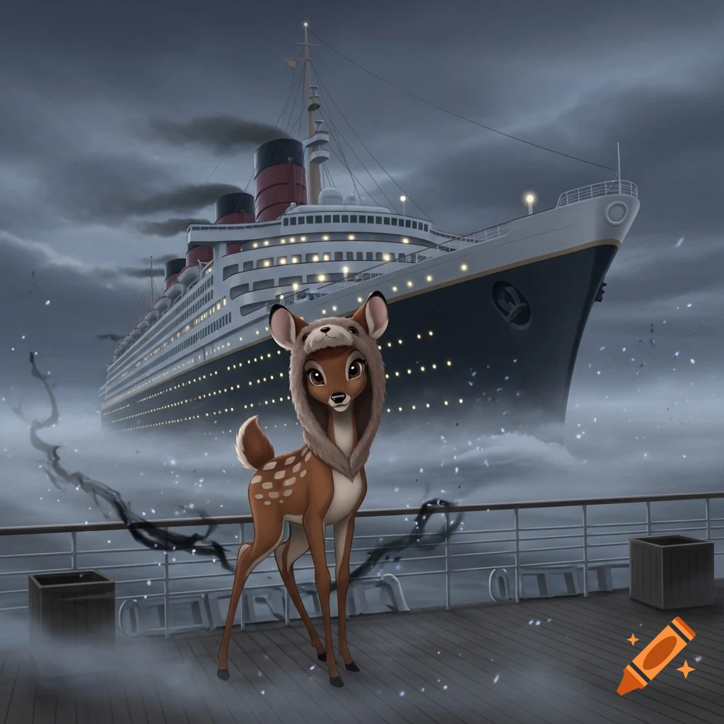 An anthropomorphic deer in a furry bear hoodie stands on a ship's deck ...