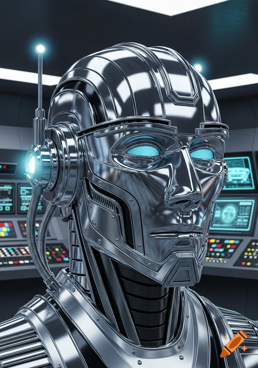 Close-up of a detailed, shiny chrome robot head with glowing blue eyes ...
