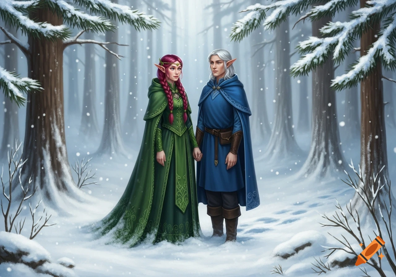 Two elves, a woman with red braids and a man with white hair, stand in ...
