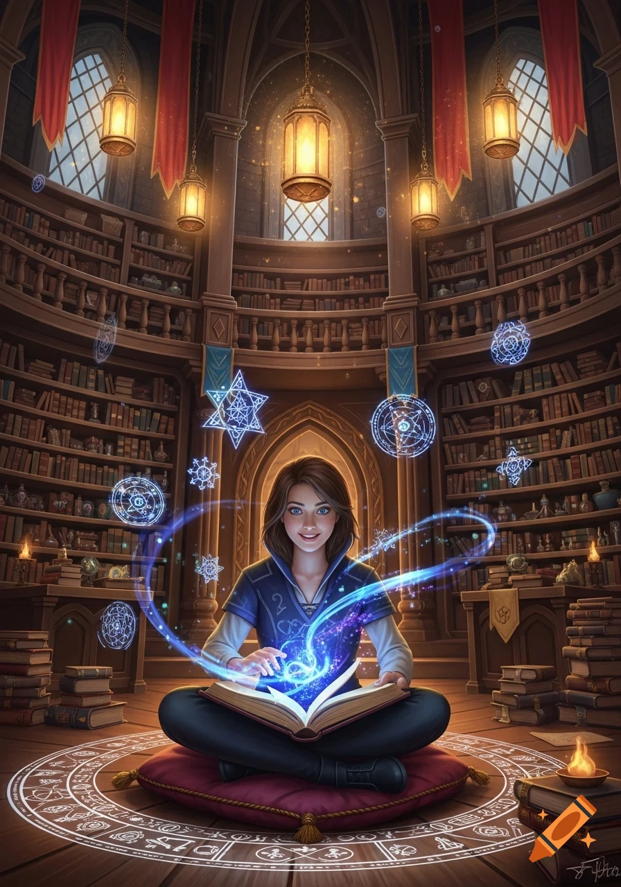 A smiling girl reads a glowing magic book in a grand library ...