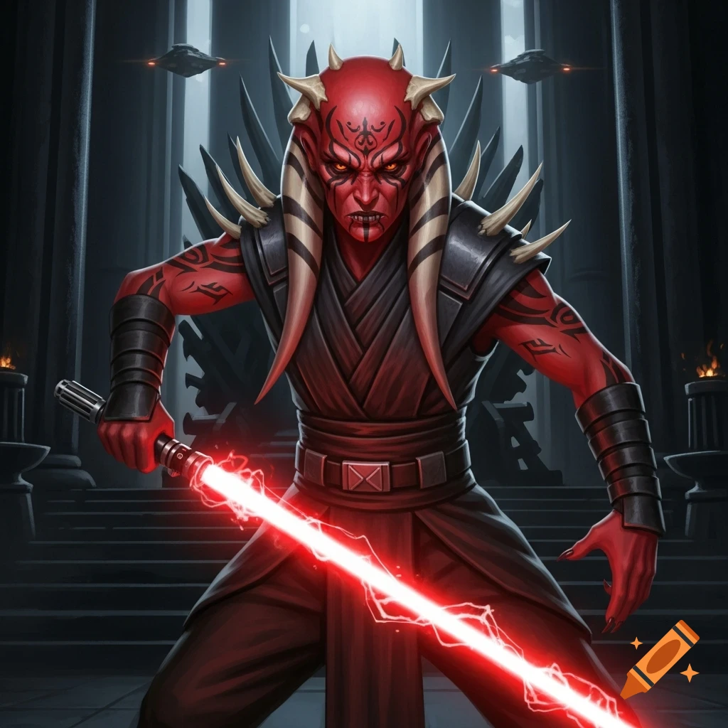 A red-skinned Zabrak Sith character with horns and tattoos, holding a ...
