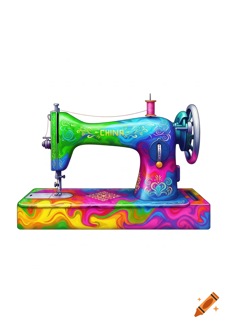 A vibrant, colorful sewing machine with swirling patterns in green ...