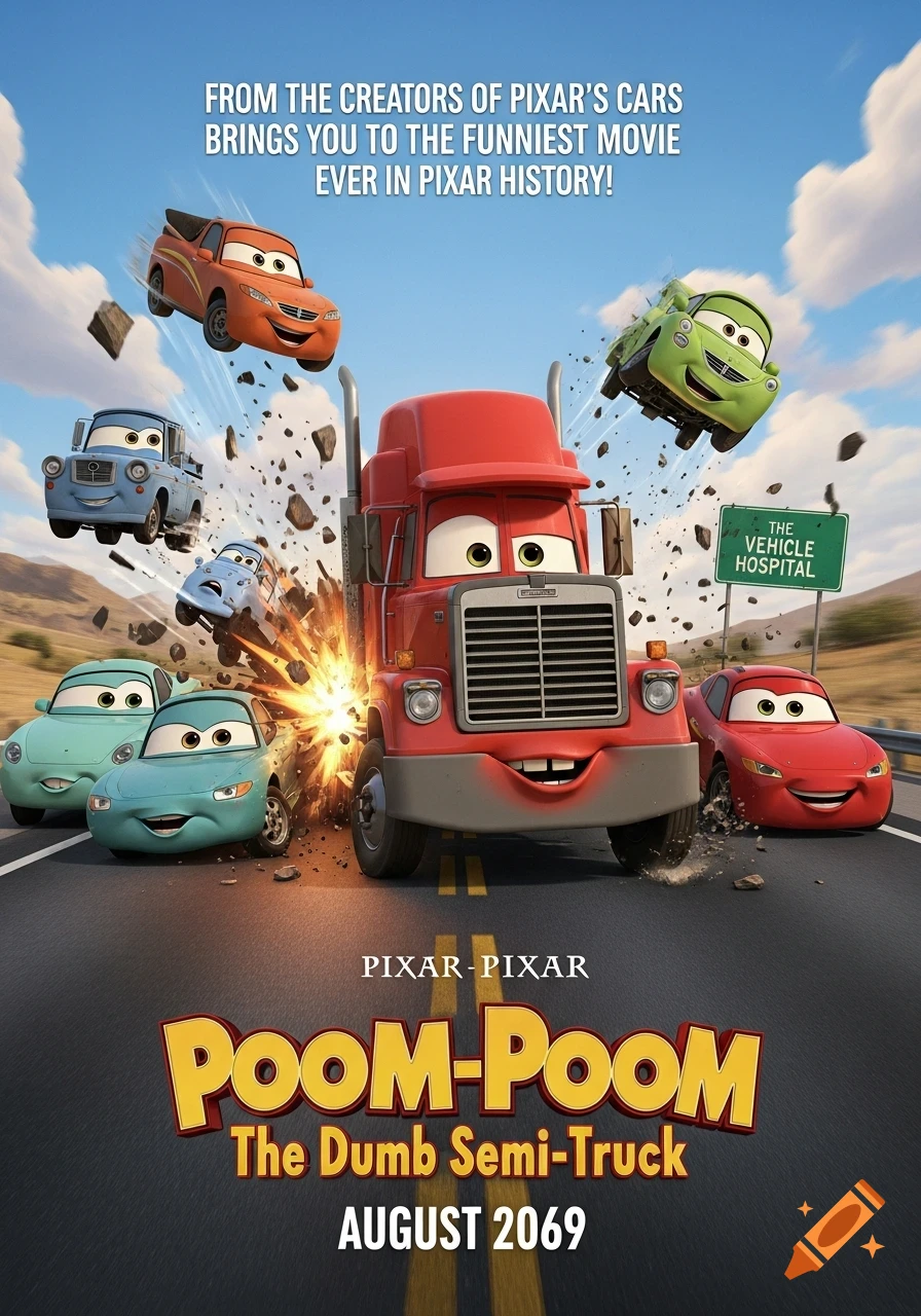 A Pixar-style movie poster for 'Poom-Poom The Dumb Semi-Truck ...
