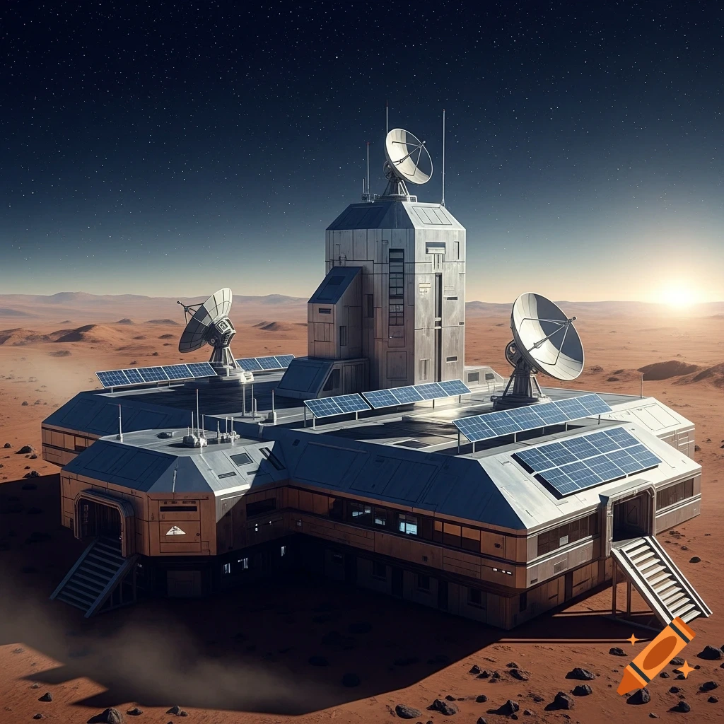 A photorealistic image of a futuristic research facility with satellite ...
