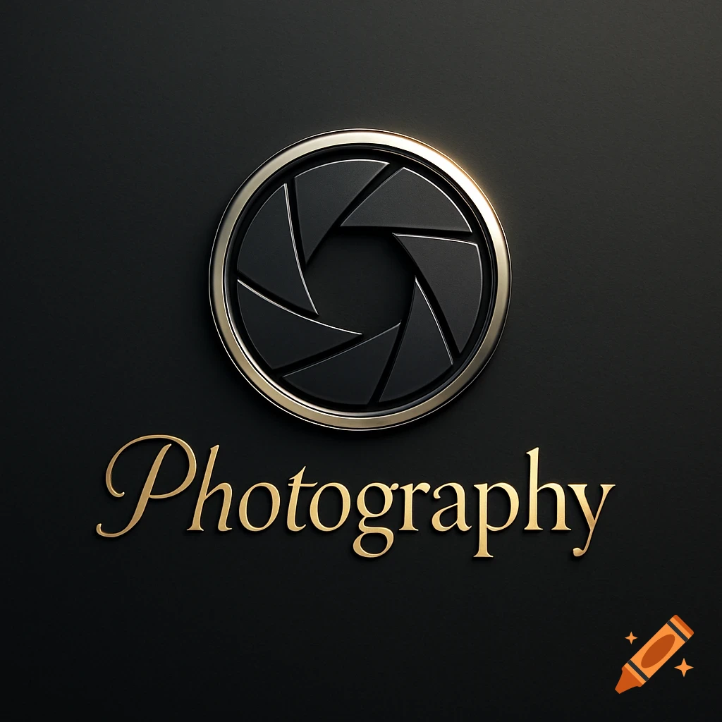 A 3D gold and black logo featuring a camera aperture symbol above the ...