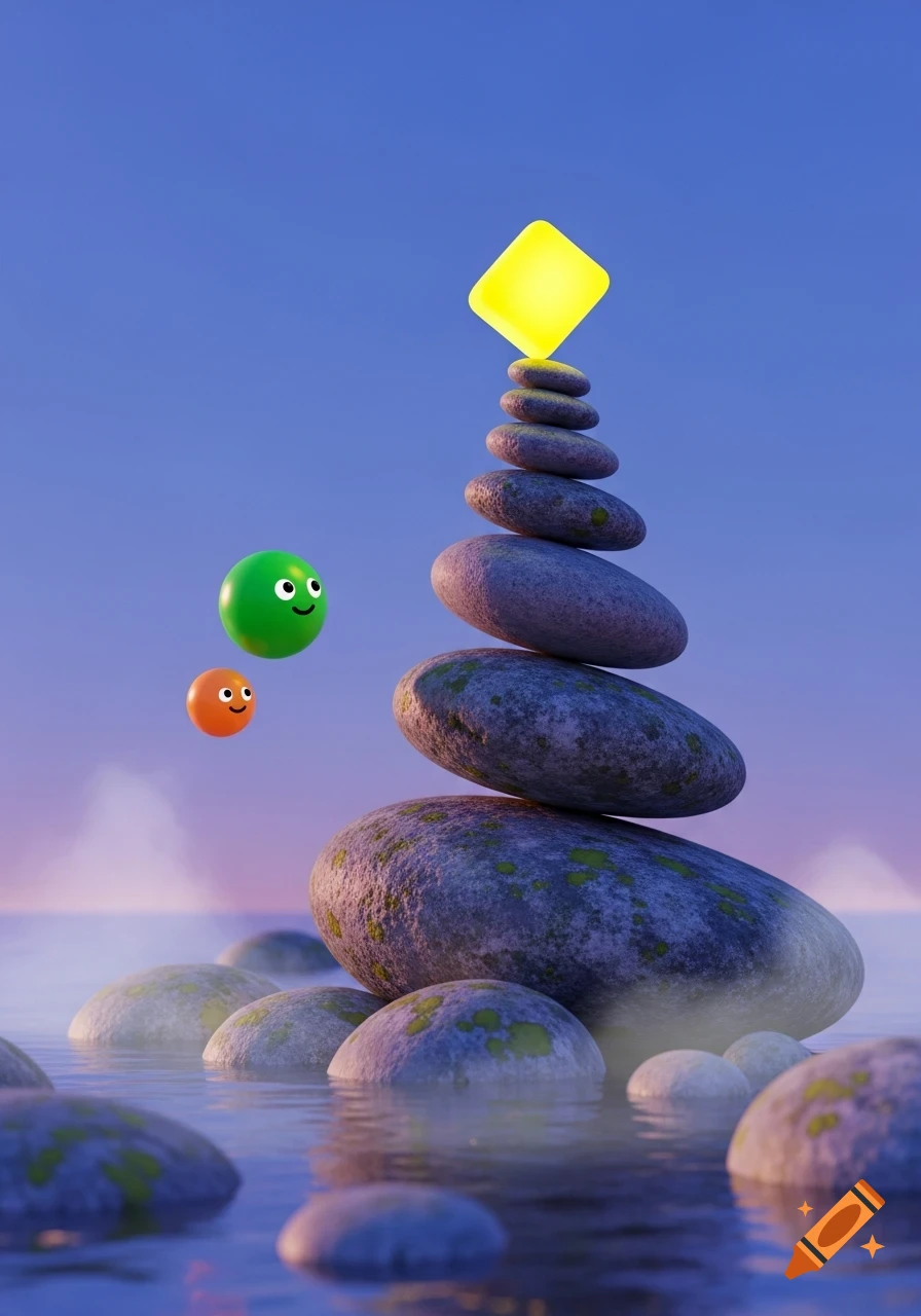 A whimsical scene with a stack of balancing rocks topped with a glowing ...