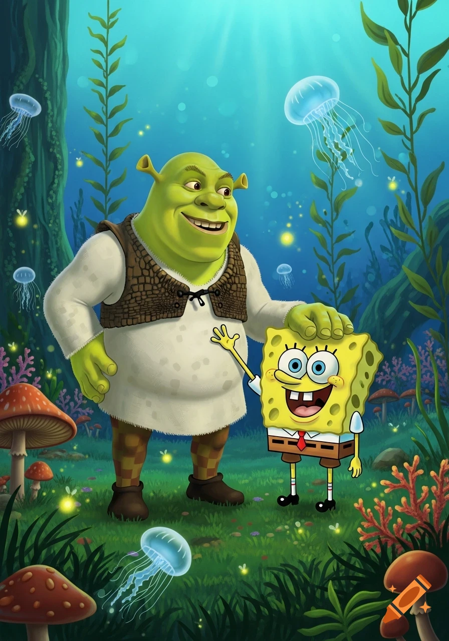 Shrek gently rests his hand on SpongeBob's head in a vibrant underwater ...