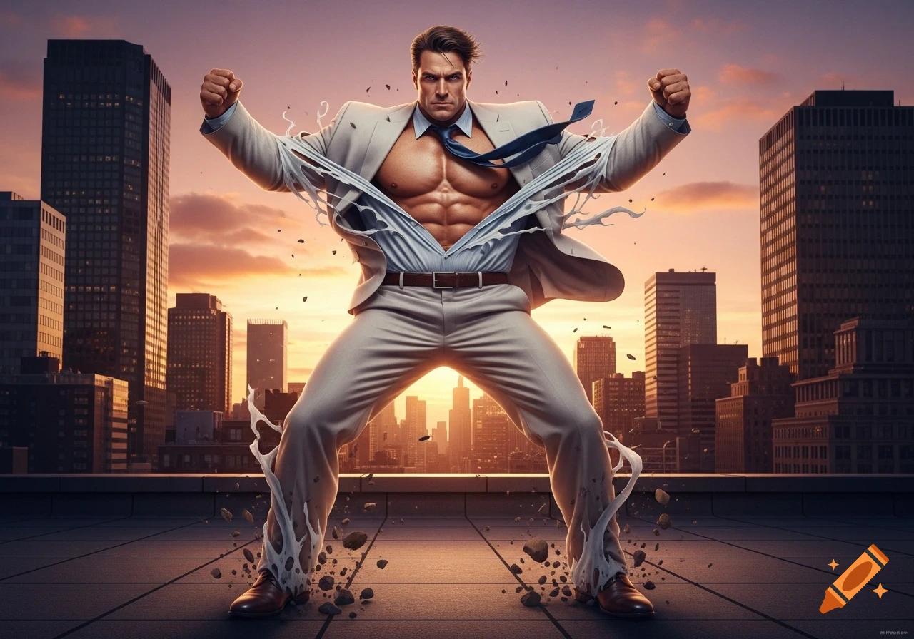 Muscular man in a tearing suit flexes on a city rooftop at sunset ...