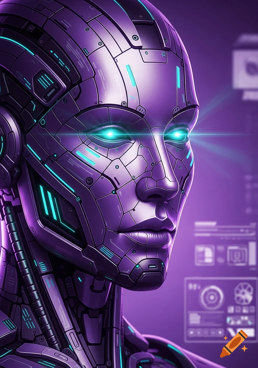 A close-up of a futuristic purple robot's face with glowing aqua eyes ...