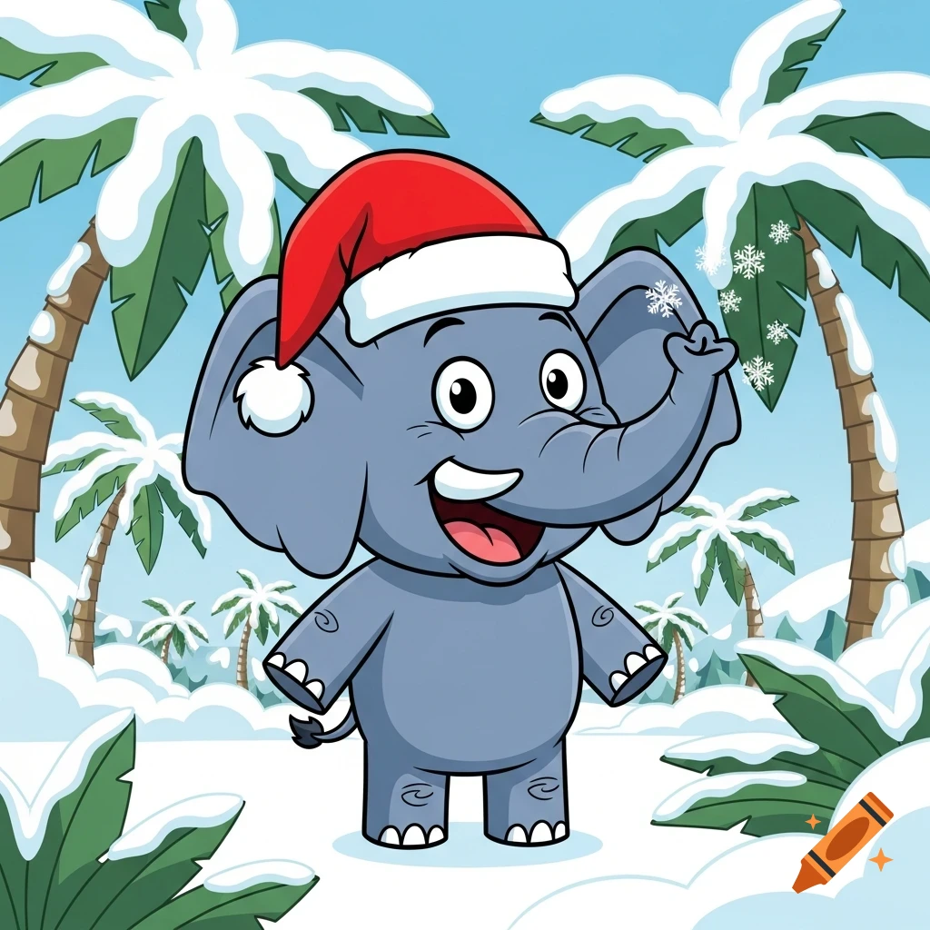 A cheerful cartoon elephant with a Santa hat in a snowy jungle ...