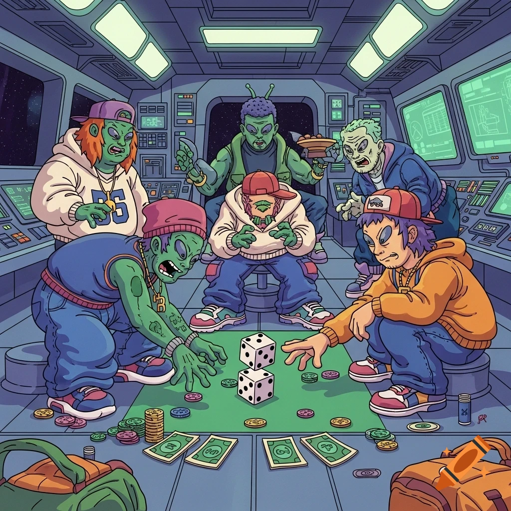 Cartoon aliens in 90s hip-hop clothes play dice with money and chips on ...