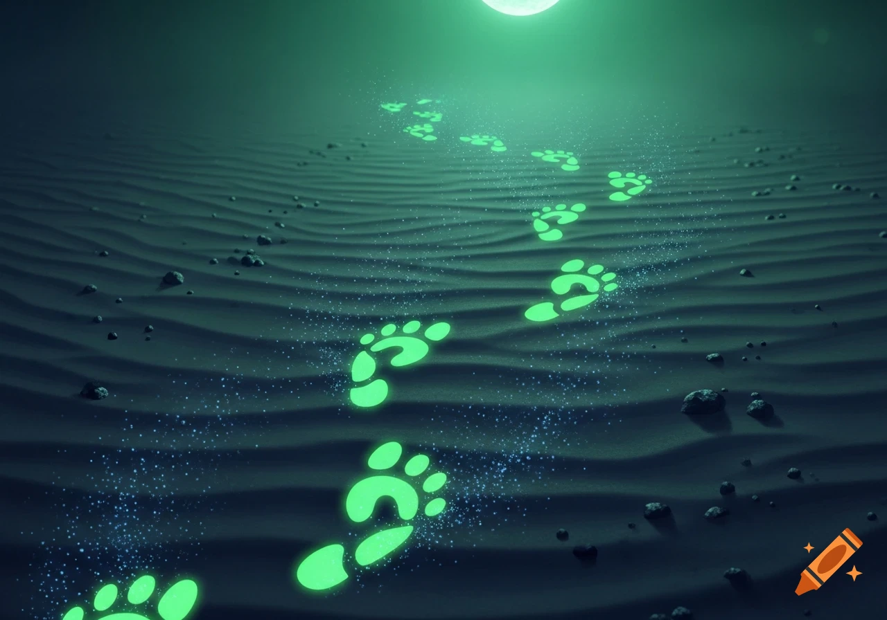 Bright green glowing alien footprints lead across a dark, rippled sand ...
