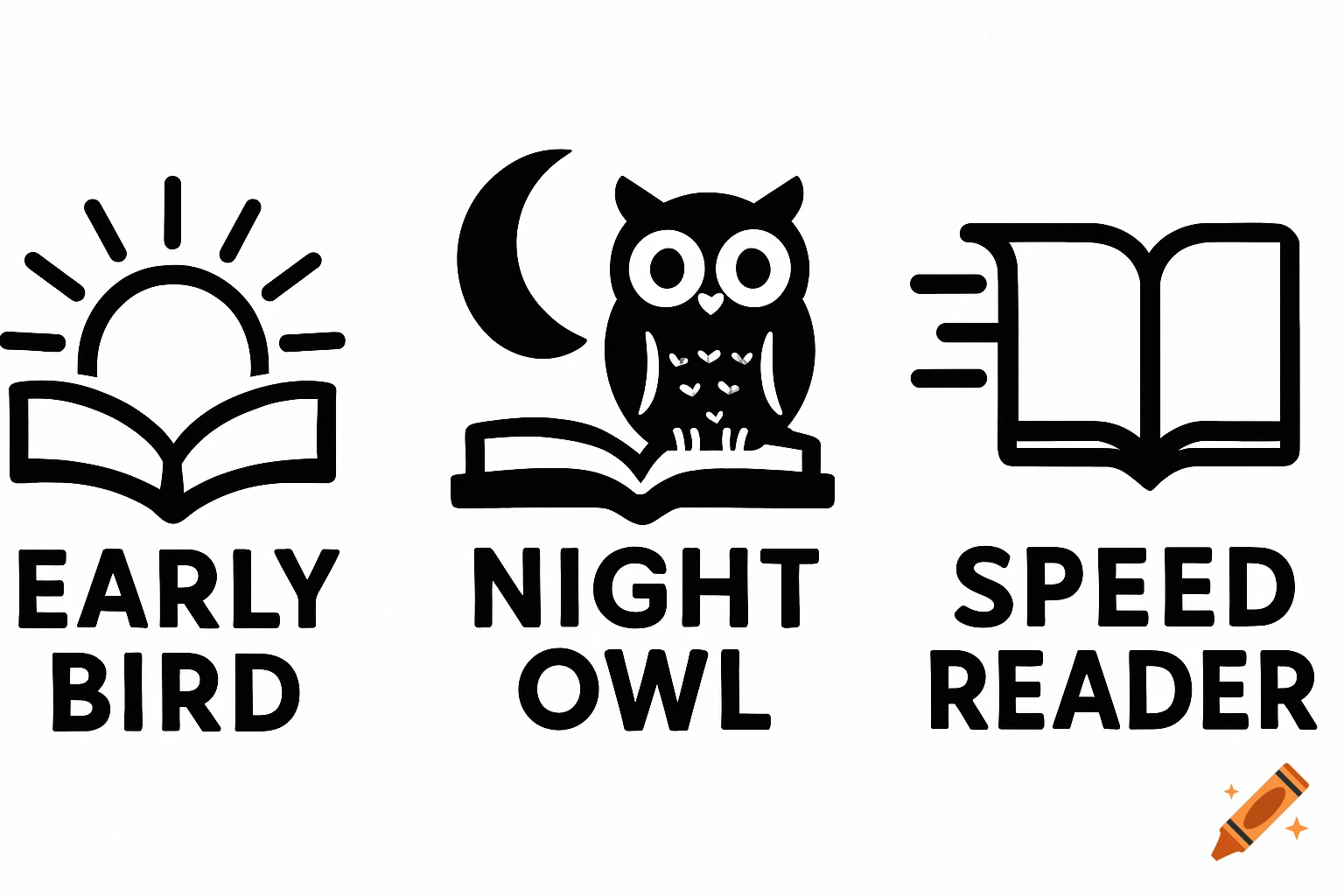 Three black and white minimalist icons. From left to right: an open ...