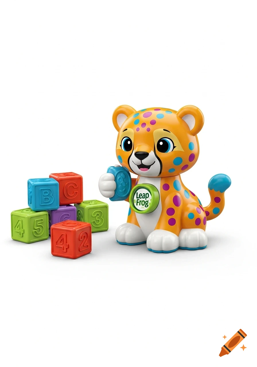 A colorful LeapFrog cheetah toy with polka dots, holding a blue object ...