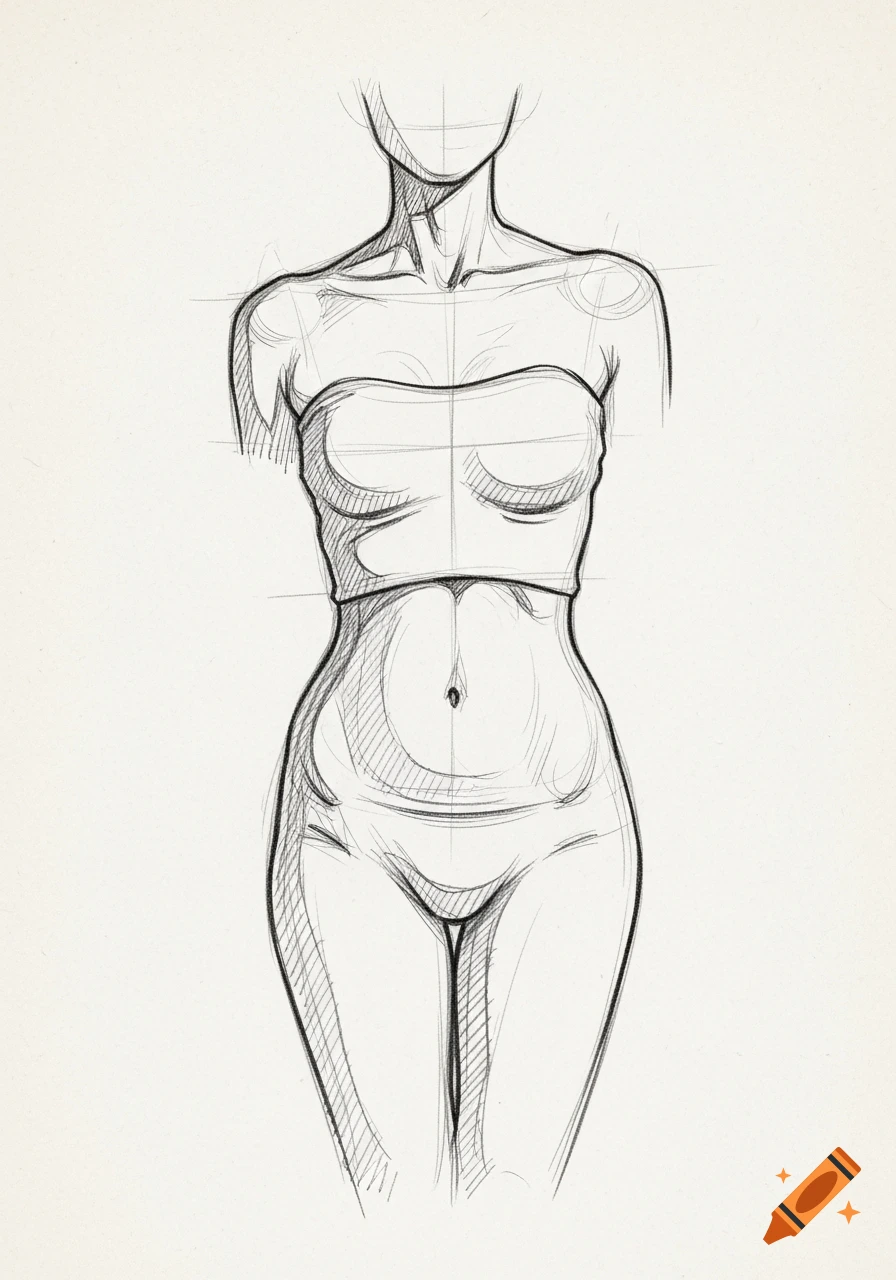 Pencil sketch of a female torso, showing a body base with construction ...