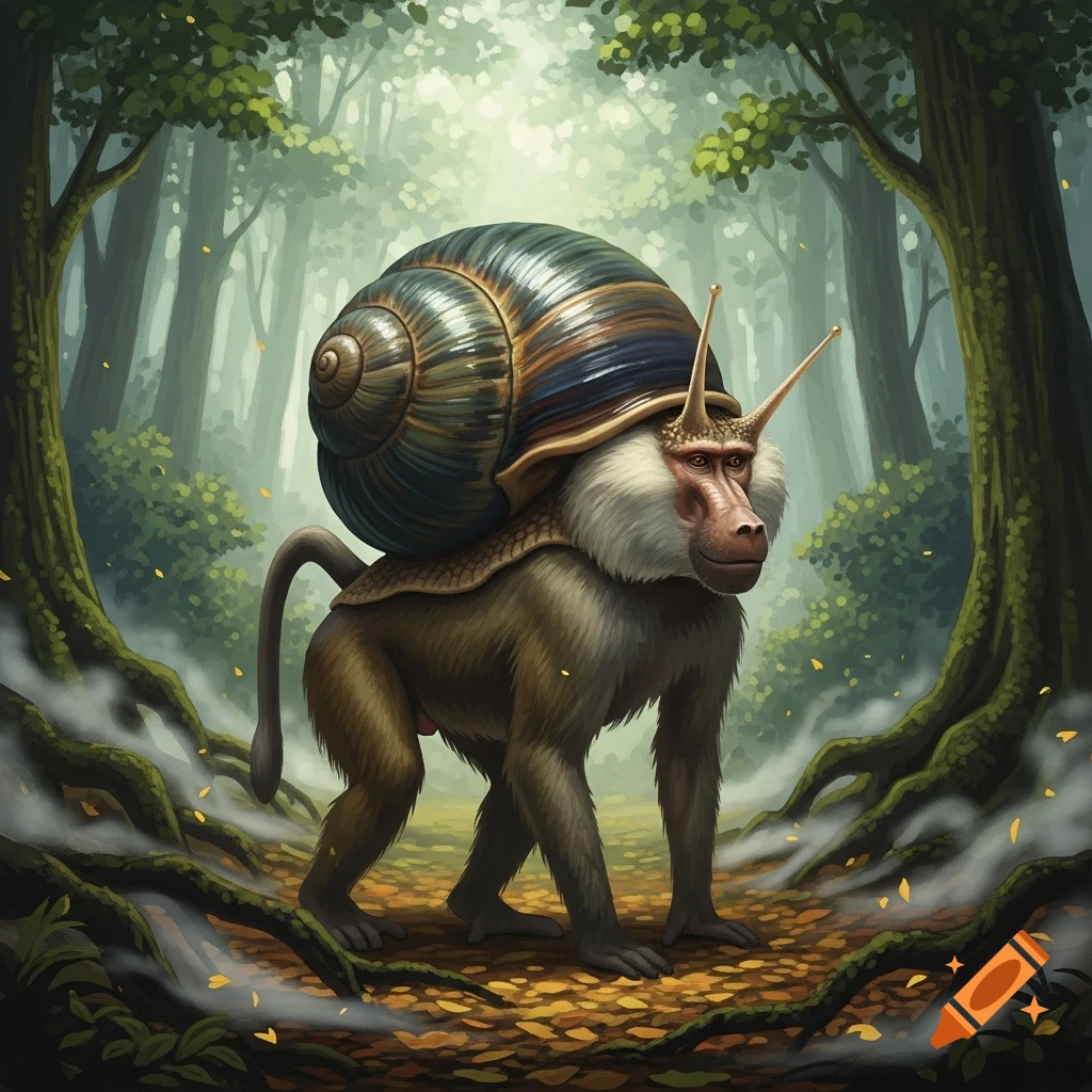 A baboon with a large snail shell on its back and snail antennae on its ...