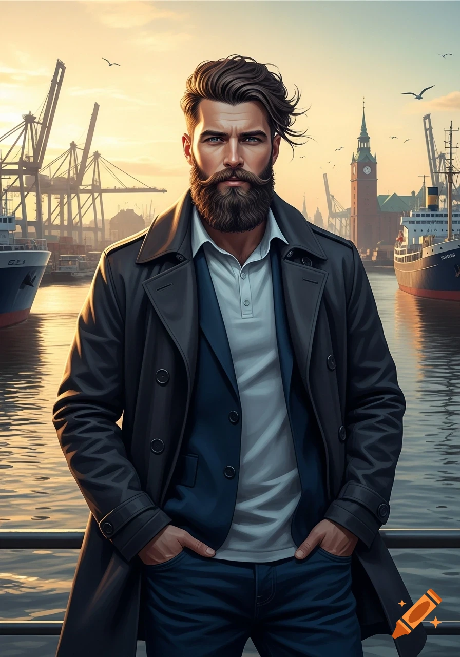 A stylish man with a full beard and wavy hair, wearing a black trench ...