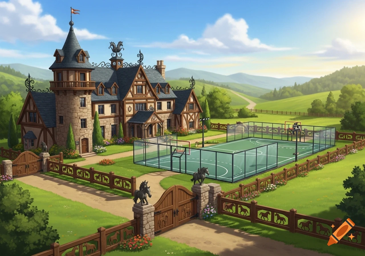 A cartoon-style manor with a tower and an outdoor sports court ...