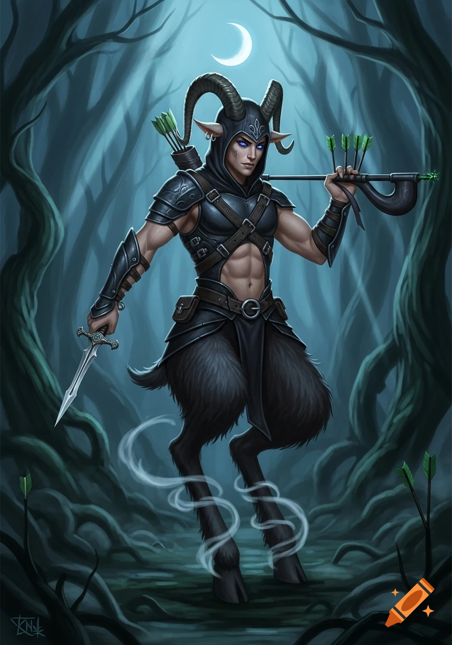 A male satyr warrior with horns and a hood stands in a dark forest ...