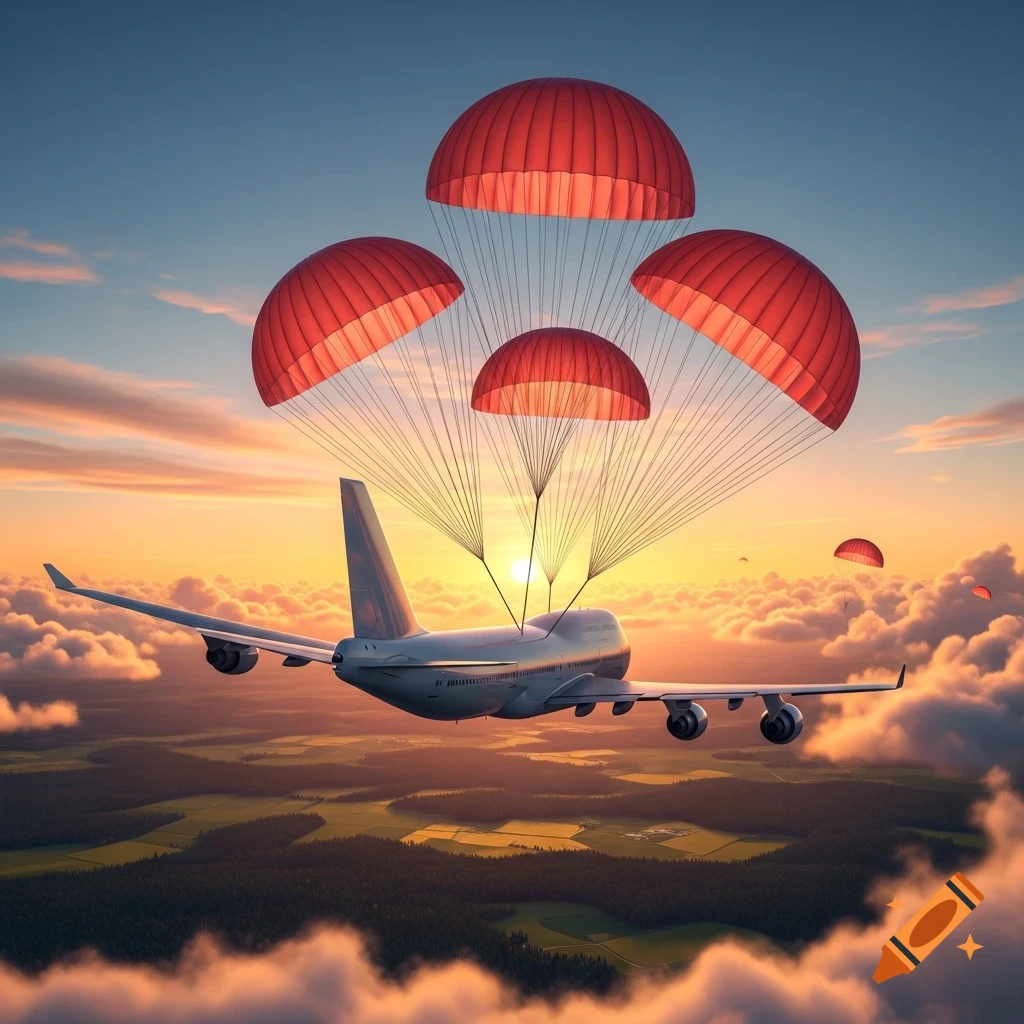 A large passenger jet with multiple red parachutes deployed above it ...