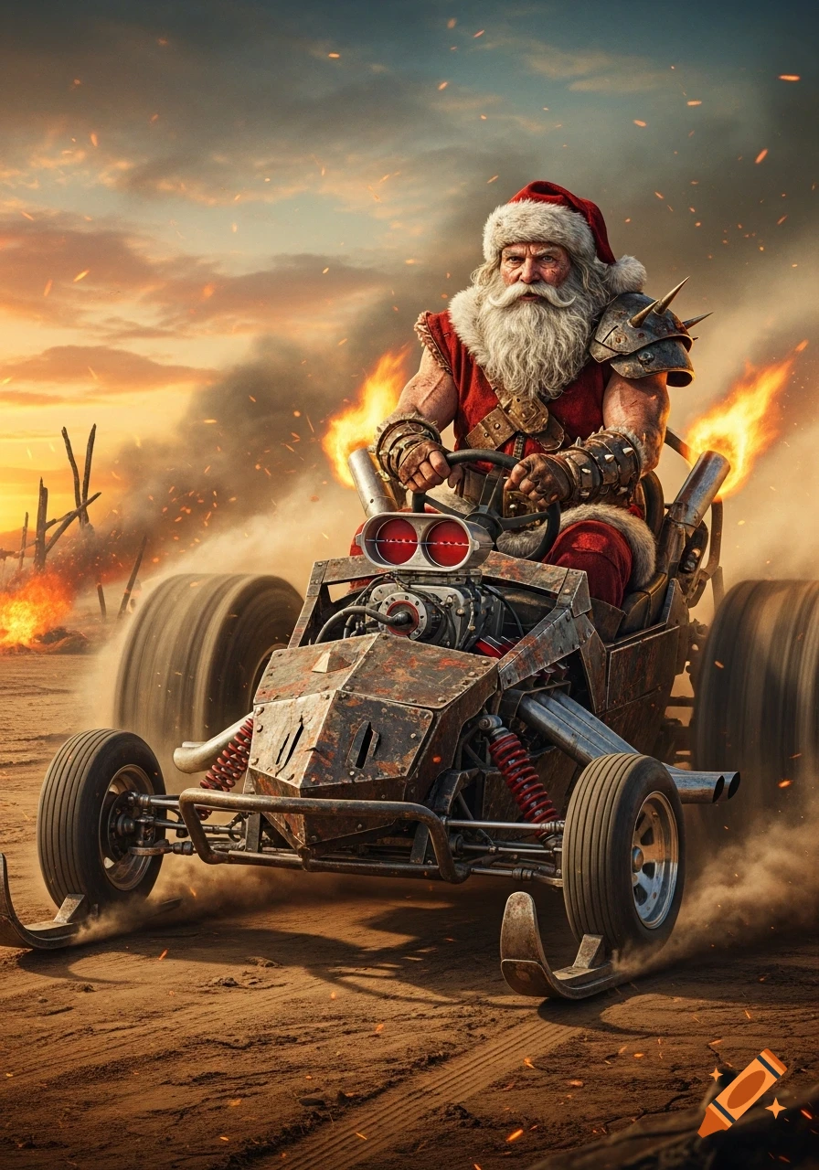 A muscular, gritty Santa Claus drives a fiery, rusty, V8 supercharged ...