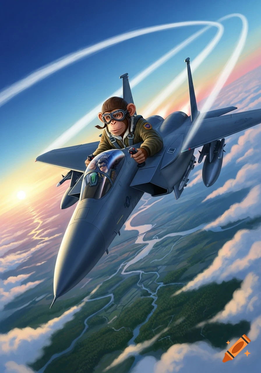 A cartoon monkey in pilot gear flies an F-15 fighter jet with a human ...