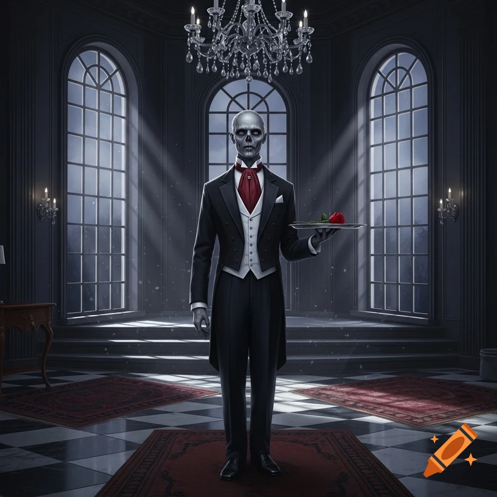 A stylized zombie butler in a tuxedo and red cravat stands in a grand ...