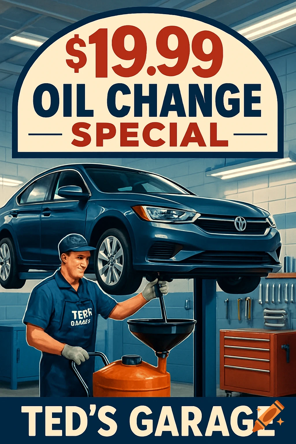 An advertisement for Ted's Garage showing a $19.99 oil change special ...