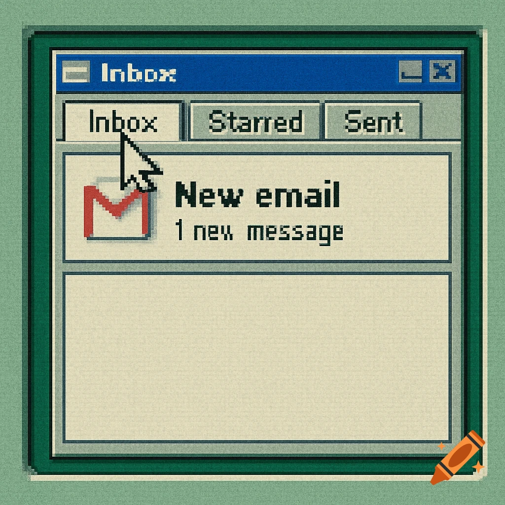 A pixel art image of a retro computer screen showing an email inbox ...
