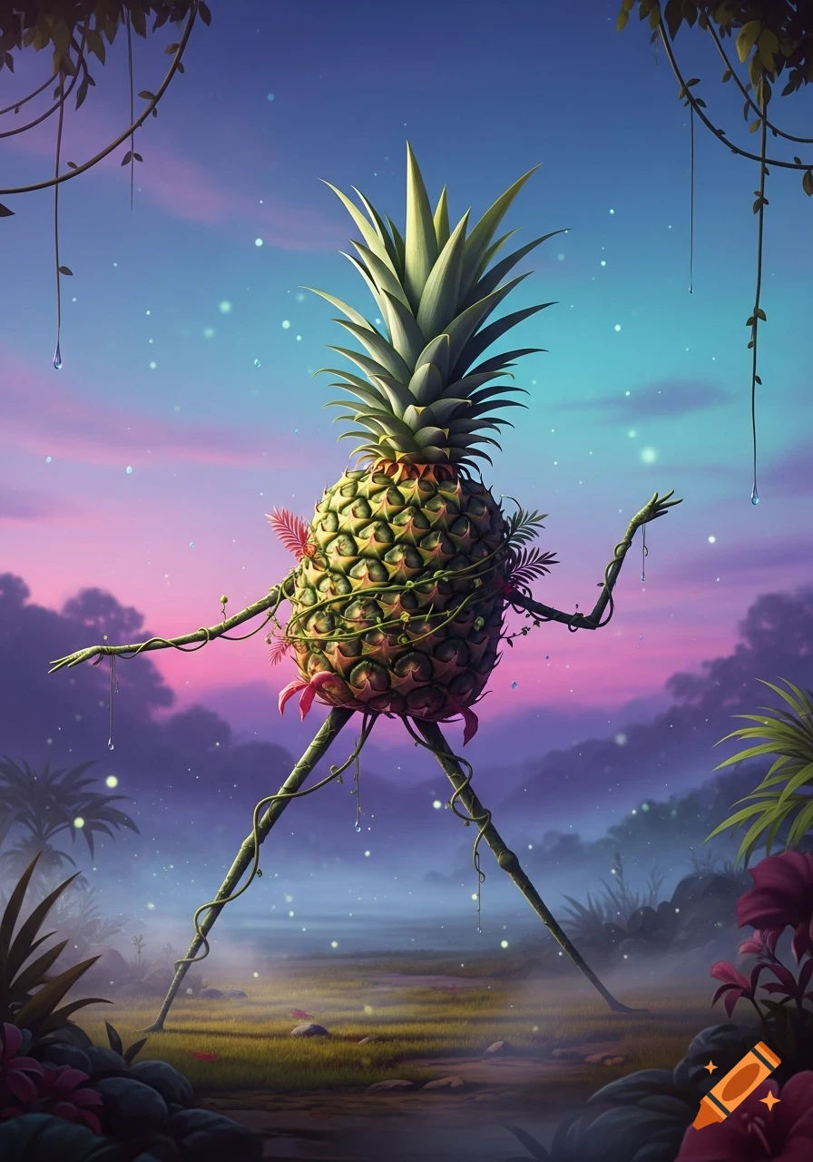 A whimsical, upright pineapple creature with vine-like legs and arms ...