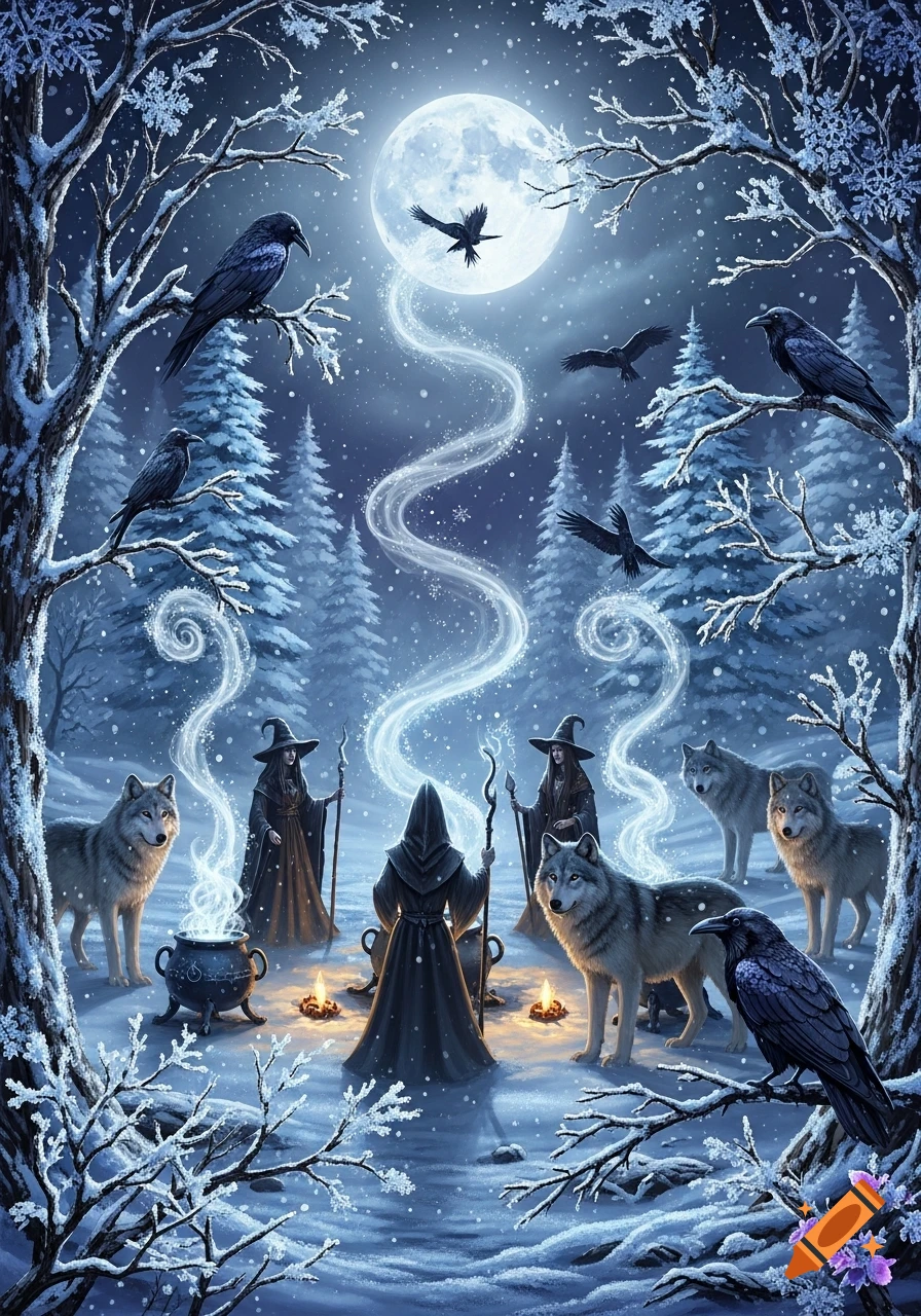 Witches, wolves, and ravens gather in a snowy forest under a full moon ...