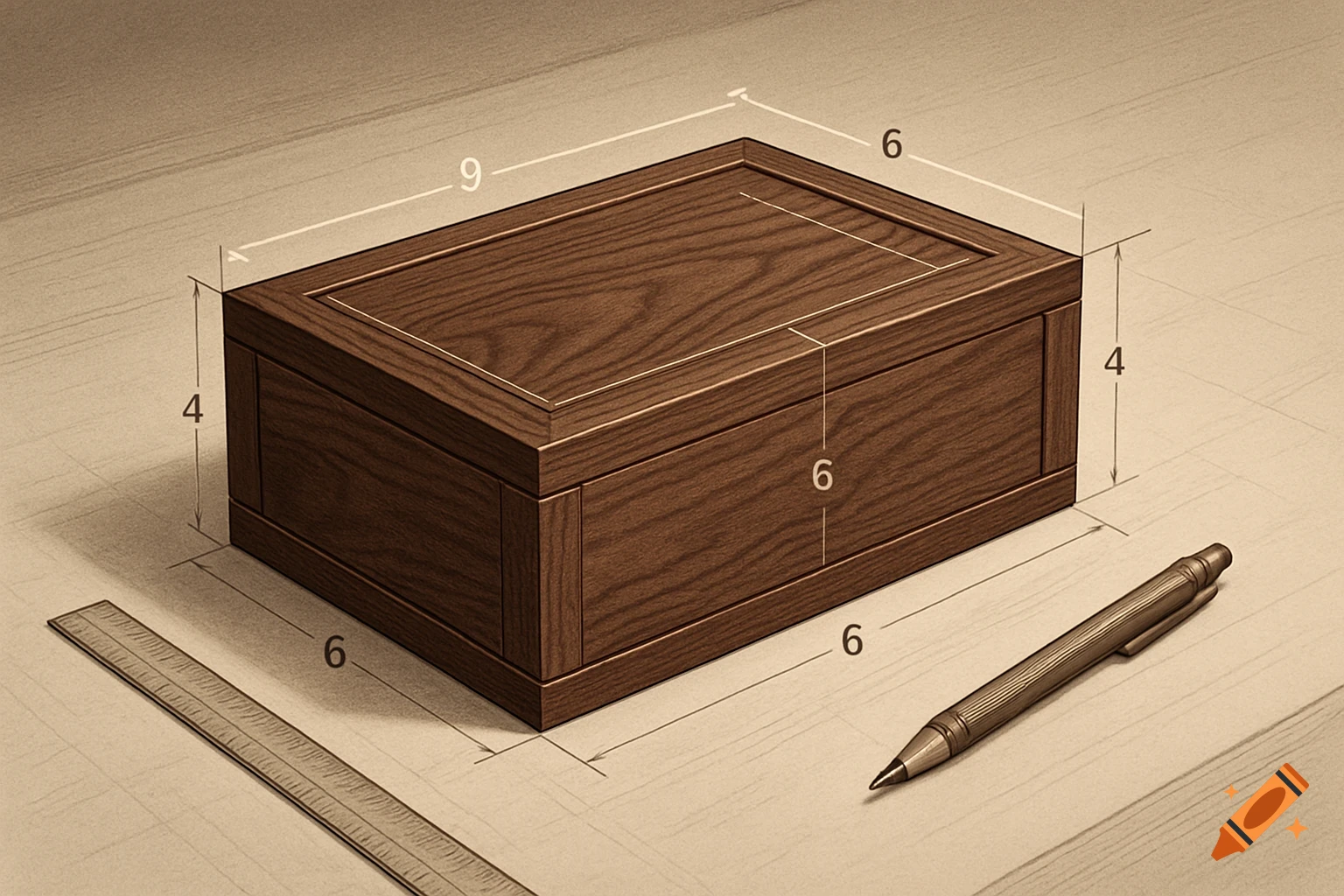 A rectangular wooden box with dimension lines indicating measurements ...