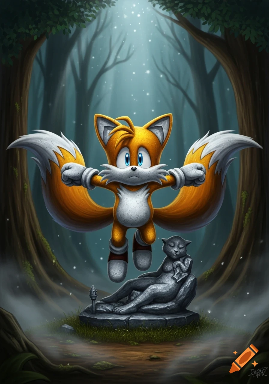 Stone-textured Tails the Fox floats above a reclining cat statue in a ...