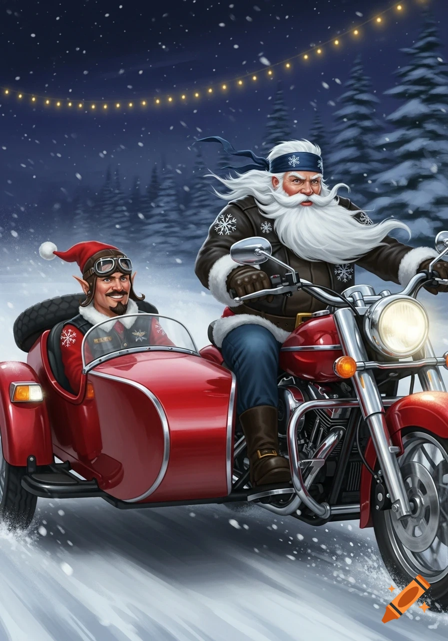 Biker Santa and a smiling elf in a sidecar ride a red motorcycle ...