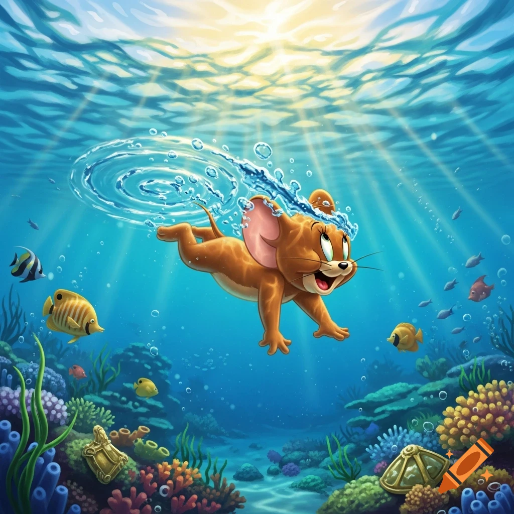 Jerry the mouse swims underwater, creating ripples and bubbles, with ...