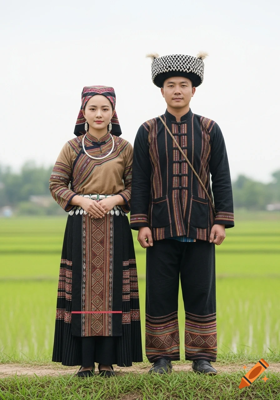 A man and woman in richly patterned traditional Zhuang clothing stand ...