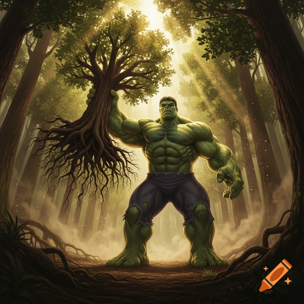 The Hulk, a green muscular superhero, stands powerfully in a sunlit ...