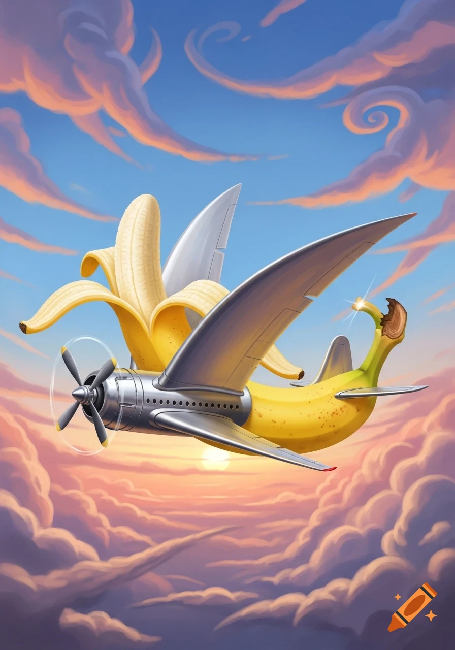 A cartoonish peeled banana forms an airplane, flying through a vibrant ...