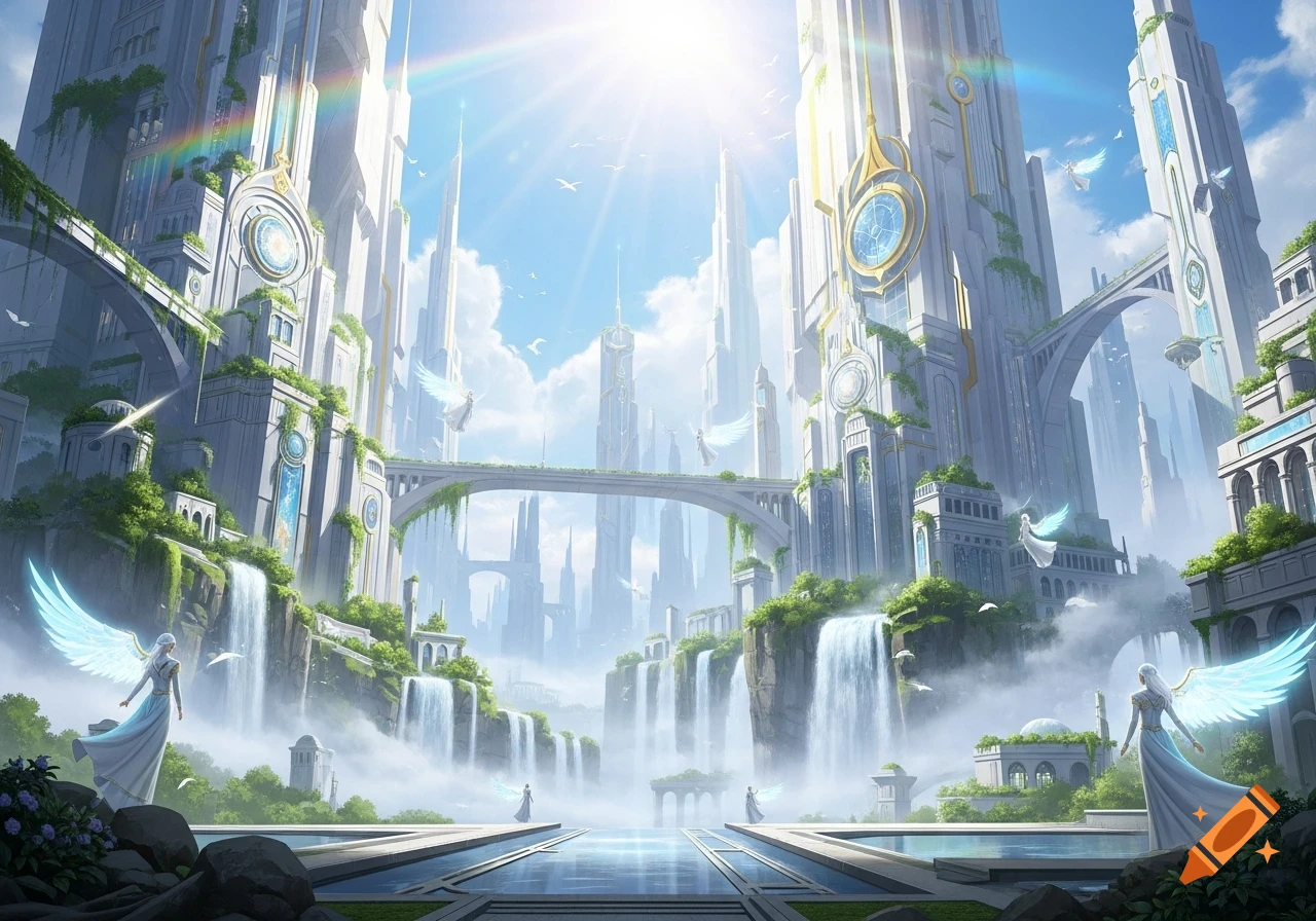 Bright ethereal futuristic city with towering white buildings ...