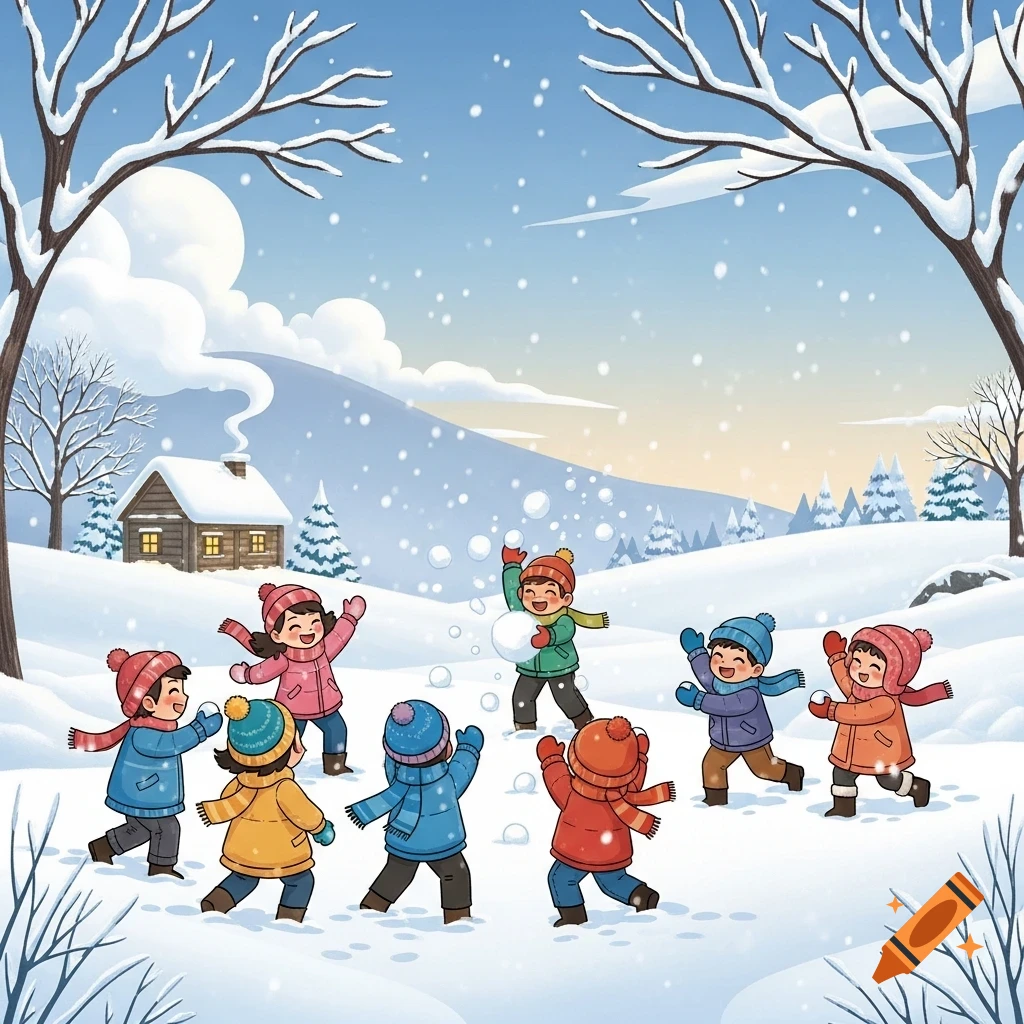 Cartoon children in winter clothes have a snowball fight in a snowy ...