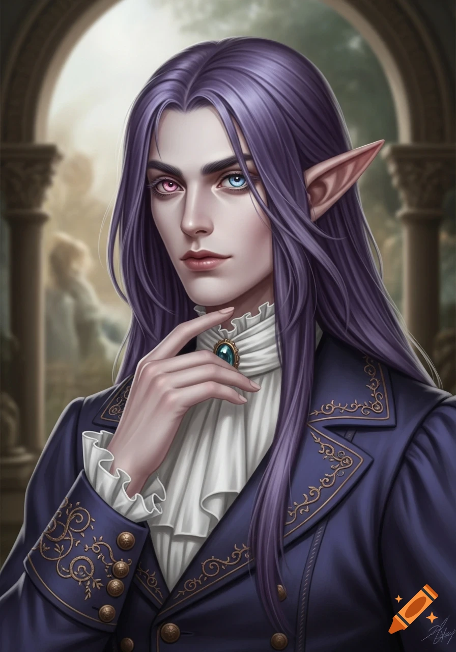 Realistic painting of a pensive half-elf with long purple hair ...